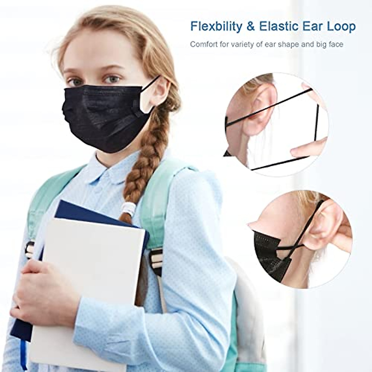 SOOQOO Masks Disposable 100Pcs,with Elastic Loop, Breathable Comfort, 3-Ply Masks, Waterproof, Adjustable Clip, Skin-Friendly Fabric (Black)