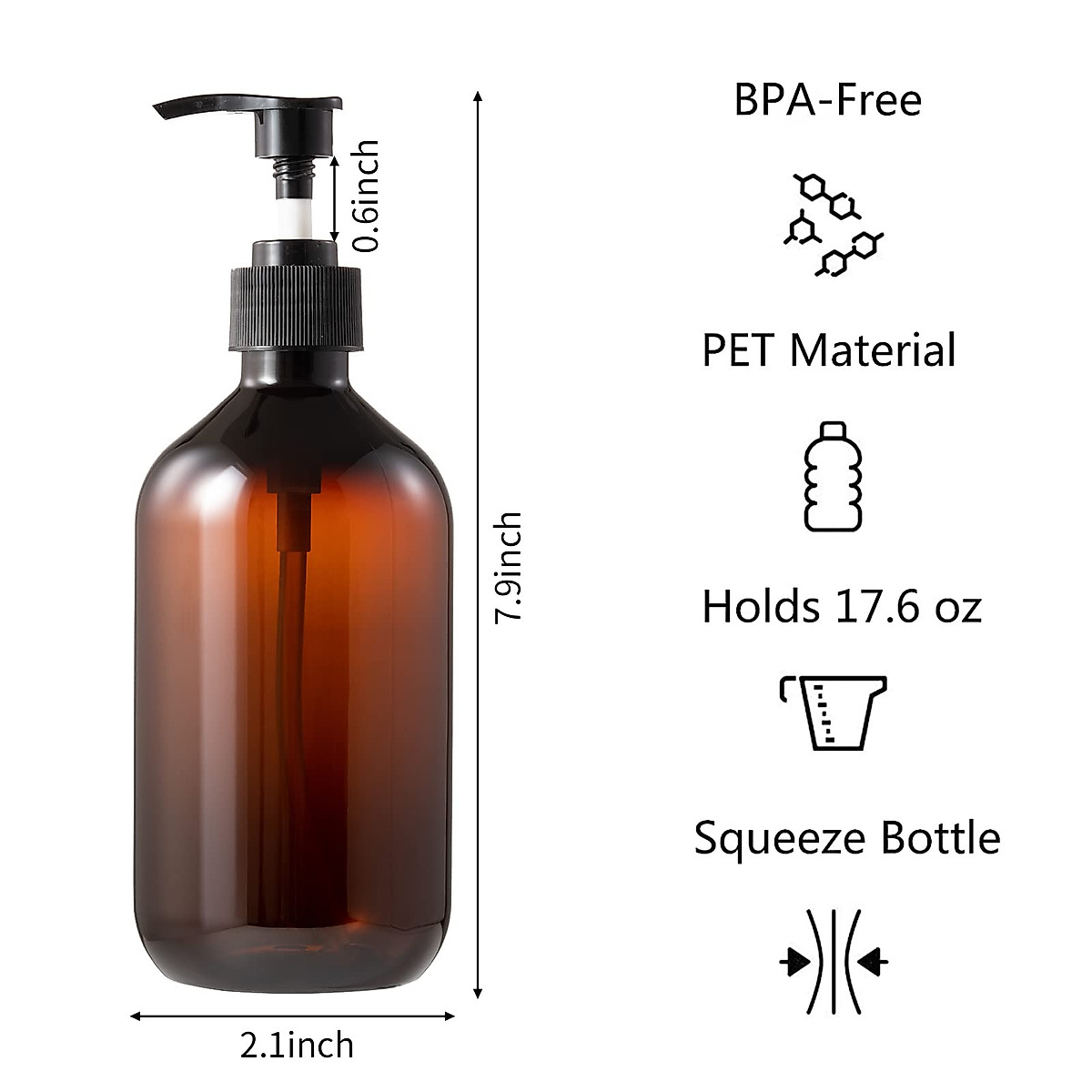 6 Pack Plastic Pump Bottles Dispenser, 16oz/500ml Empty Cylinder Shampoo Soap Dispenser, Refillable Containers with Extra Sprayer Pump Labels for Body Wash, Lotion, Gel(Amber)
