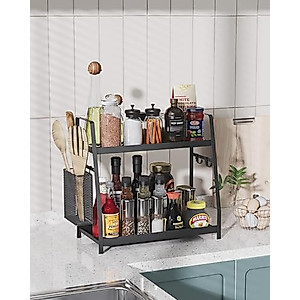 OROPY 2 Tier Spice Rack for Countertop, Height Adjustable Metal Standing Kitchen Storage Organizer Shelf, Counter Shelf for Cabinet,Pantry,Bathroom,Bedroom, with Hanging Basket