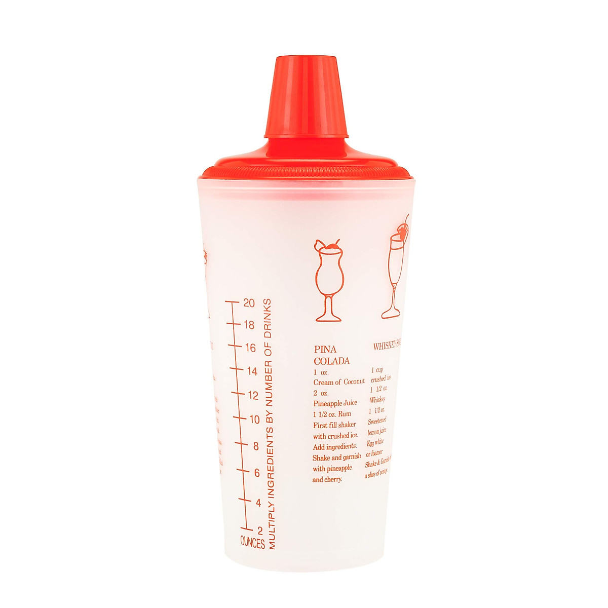Collins Red Cocktail Recipe Shaker with Cap and Built In Strainer, 30 oz