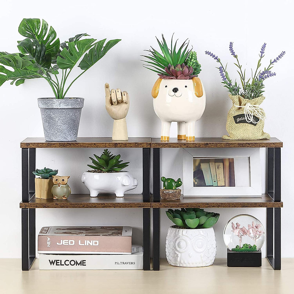 MOOACE Kitchen Counter Shelf, Stackable Cabinet Shelf Organizers Expandable Countertop Shelf for Pantry - Set of 4 - Brown