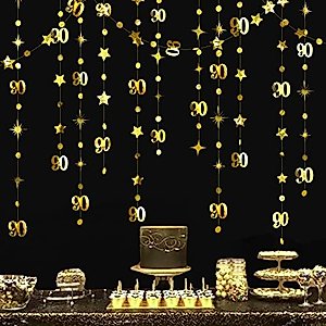Gold 90th Birthday Decorations Number 90 Circle Dot Twinkle Star Garland Metallic Hanging Streamer Bunting Banner Backdrop for Women Mens 90 Year Old Birthday Nighty Anniversary Party Supplies