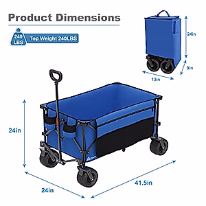 Mdeam 240L Collapsible Foldable Wagon, Heavy Duty Folding Utility Cart with Big All-Terrain Beach Wheels, Cup Holders, Side Pockets and Adjustable Handle for Camping, Garden, Sports, Shopping (Blue)