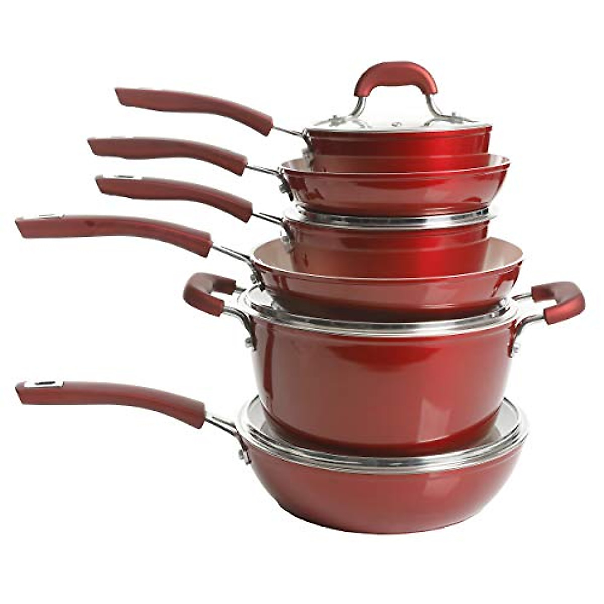 Kenmore Arlington Healthy Nonstick Ceramic Coated Forged Aluminum Induction Cookware, 12-Piece, Metallic Red