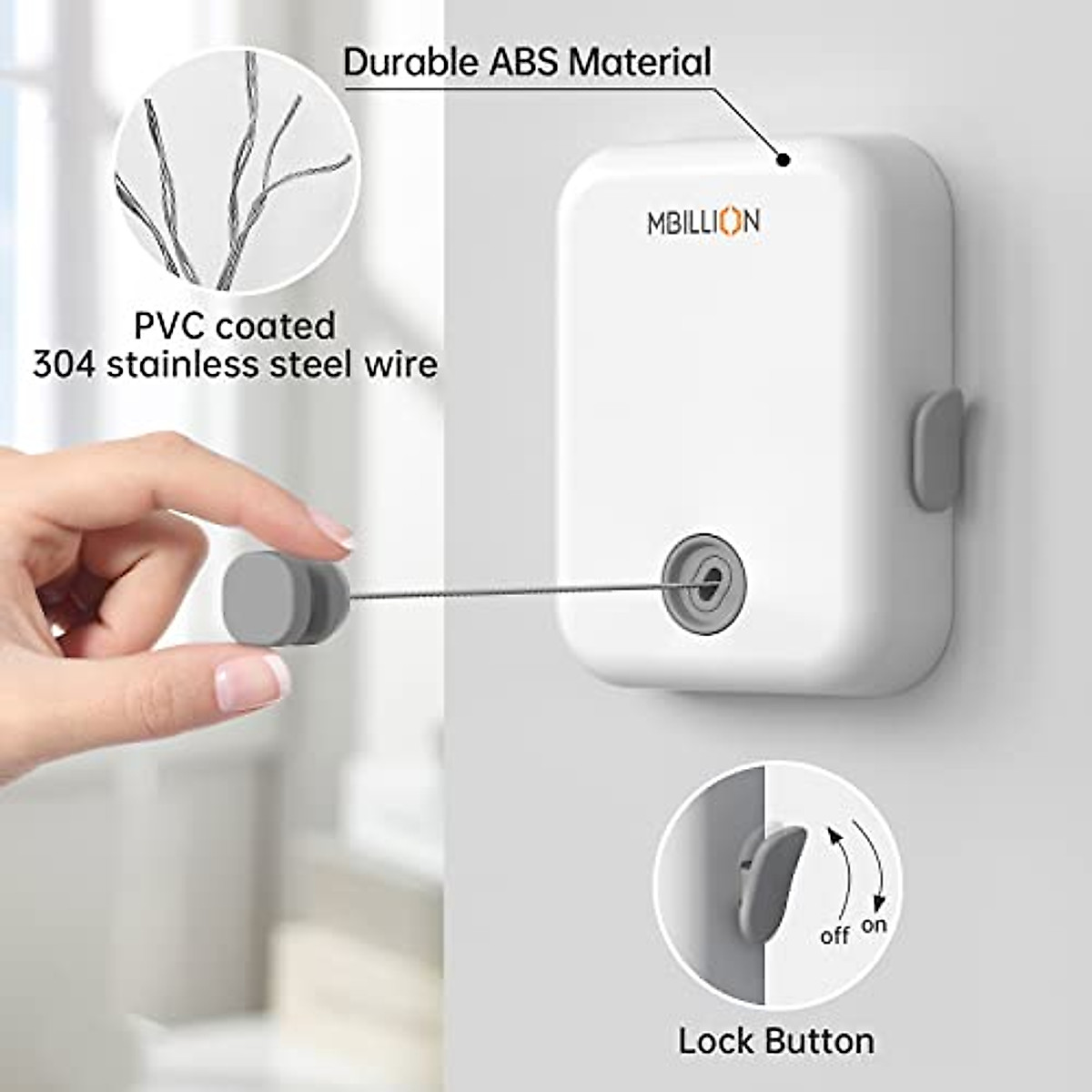 Mbillion Retractable Clothesline Indoor Outdoor,Heavy Duty Clothes Drying Laundry Line Retracting Hanging Clothes Line with Lock to Prevent Sagging White