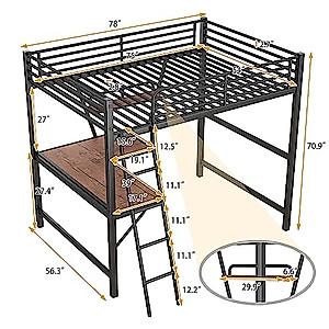 Full Size Metal Loft Bed with MDF Desk and Storage Shelf, Multifunctional Loft Bed with Ladder and Guard Rail, Space Saving, No Box Spring Needed for Boys Girls Teens Adults (Black, Full)