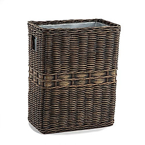 The Basket Lady Large Rectangular Wicker Waste Basket with Metal Liner, 14.5 in L x 9 in W x 18 in H, Antique Walnut Brown