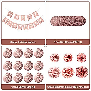 Rose Gold Birthday Party Decorations Set - Rose Gold Glittery Happy Birthday banner, Foil Swirls,Tissue Paper Pom Poms, Circle Dots Garland for Birthday Party Decorations,Girls Birthday