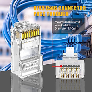 PETECHTOOL Cat6 RJ45 Connectors Pass Through Cat6 Cat5 Ethernet Connector 100-Pack with Wire Stripper for Solid or Stranded UTP Ethernet Cable