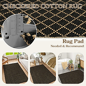 Lahome Checkered Rug, 3x5 Black Area Rug for Bedroom Washable Cotton Office Living Room Rug, Boho Checkerboard Rug Lightweight Black Carpet for Dorm Entry