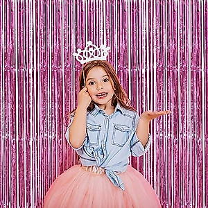 rubfac 3pcs 3.3x8.2 Feet Pink Fringe Backdrop Curtains,Tinsel Streamers Birthday Party Decorations, Fringe Backdrop for Pink Party Decorations Girl Princess Bachelorette Party Decor