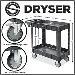 Dryser Utility Service Cart with Wheels, 40" x 17" Heavy Duty 550 lb. Capacity with Shelves - 2 Tier Rolling Cart with Two 5" Swivel Casters for Warehouse, Garage, Cleaning