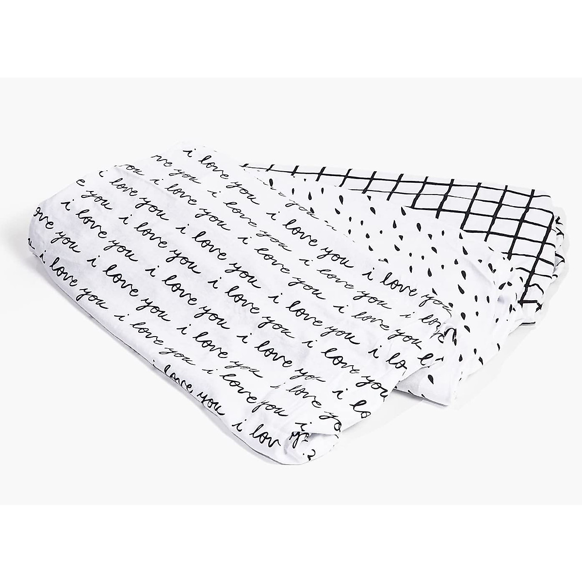 NODNAL CO. 3 Fitted Bassinet Sheets Black/White Set for Baby Girl/Boy - 100% OEKO-TEX Cotton - Gender Neutral I Love You, Plaid & Raindrop - Cradle/Moses Basket Hourglass Oval Rectangle Mattress Sheet