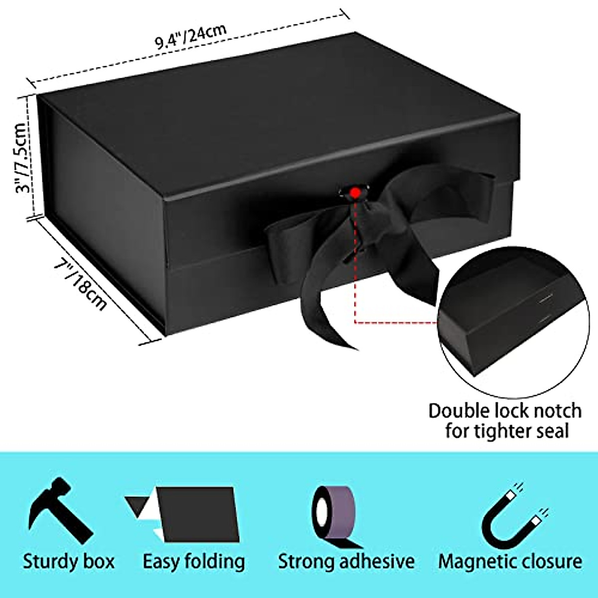 Black Luxury Magnetic Gift Box with Lid, Ribbons and Gift Bag, Medium Size-9.4x7x3 Inches, Great for Business, Christmas, New Year, Wedding, Birthdays, Groomsman, Husband, Presents Display and Packging