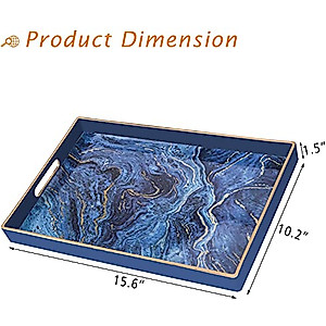Zosenley Decorative Tray, Marbling Plastic Tray with Handles, Rectangular Vanity Tray and Serving Tray for Bathroom, Kitchen, Ottoman and Coffee Table, 15.6” x 10.2”, Blue