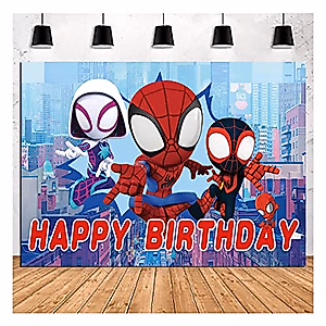Happy Birthday Theme Red Spider Man Photography Backdrop Cartoon Comics Style Building Scenes Photo Background 5x3ft Children Boys Birthday Party Banner Decors Supplies