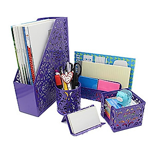 EasyPAG 5-Piece Desk Organizer and Accessories Set -Pencil Holder, Letter Sorter, File Holder,Business Card Holder and Sticky Note Holder,Purple