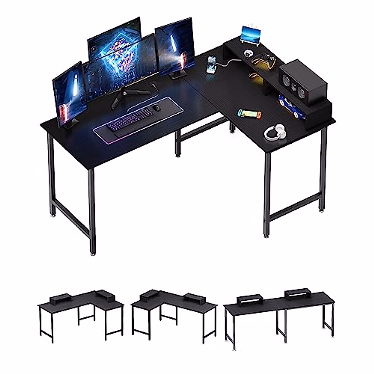 MINOSYS L Shaped Computer Desk - 58" Gaming Desk, Reversible Corner Desk, Home Office Writing Desk with Monitor Stand Shelf, Space-Saving Modern Simple Wooden Desk, Black