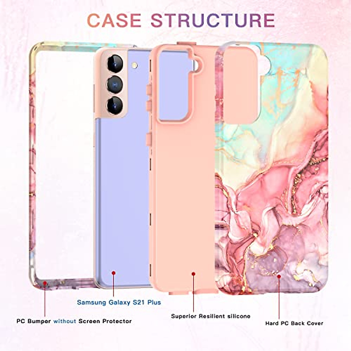 Galaxy S21 Plus Case: Marble Pattern 3-in-1 Heavy Duty Shockproof with Rugged Hard PC & Soft Silicone, Rose Gold