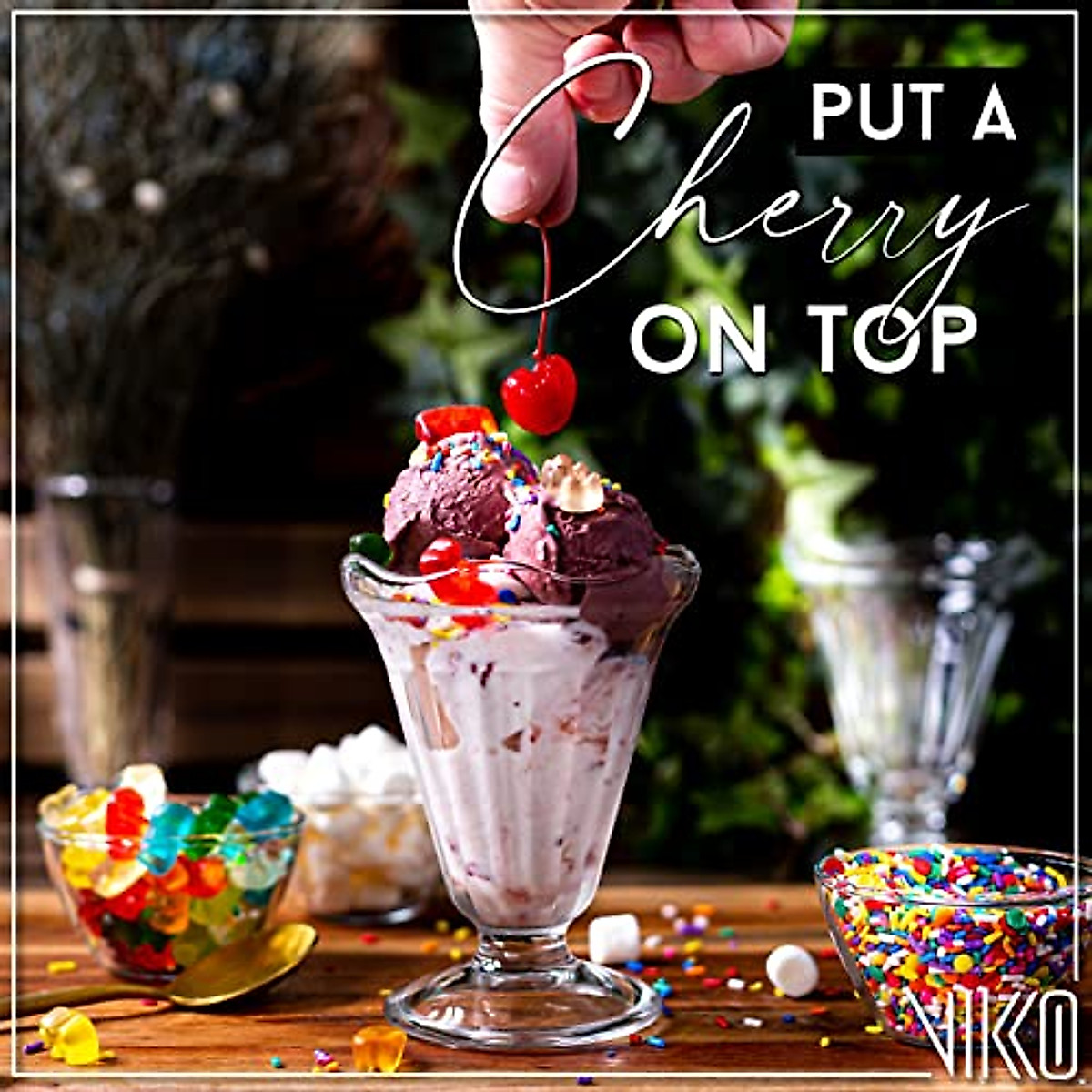 Vikko 7.5-Ounce Footed Ice Cream Cups, Classic Sundae Style Glass Cups, Thick and Durable, For Sundaes, Milkshakes, Ices, Desserts, Set of 6 Dessert Glasses 3.8” x 5”