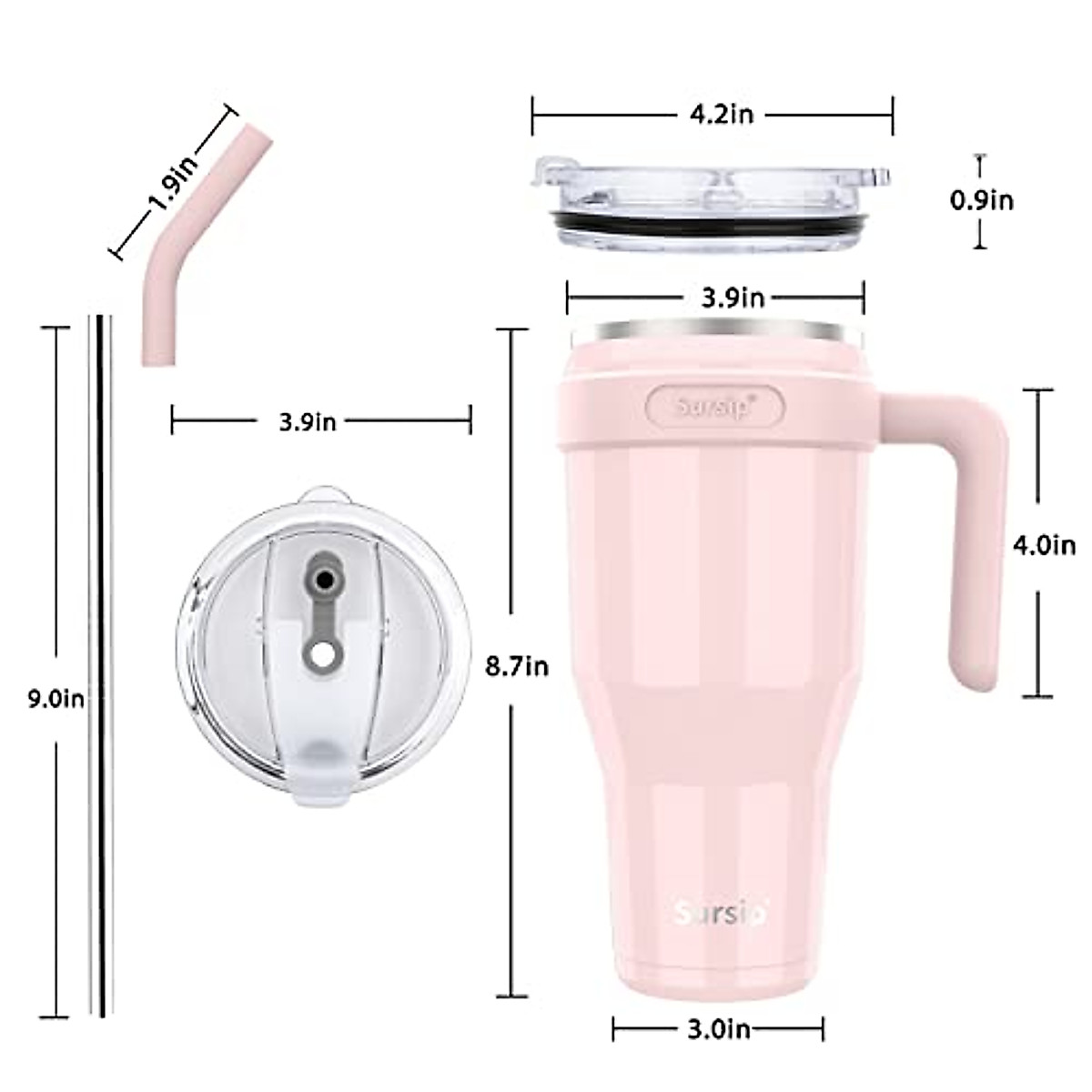 Sursip 40 oz Mug Tumbler,Stainless Steel Tumbler Mug with Non-Removable Handle–Keeps Drinks Cold up to 24 Hours–Sweat Proof, Dishwasher Safe,BPA Free-Pink