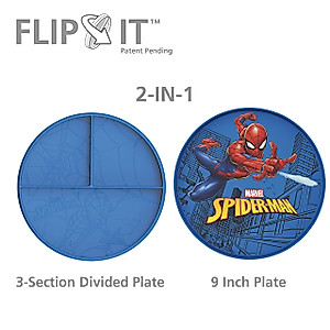 Zak Designs Marvel Spider Man Double-Sided Embossed Texture and 3 Sections Durable Material is BPA Free and Perfect for Kids (9", Set of 2), 9 inches, SpiderMan Classic PP Flip-It Plate 2pc (SPCE-1390)