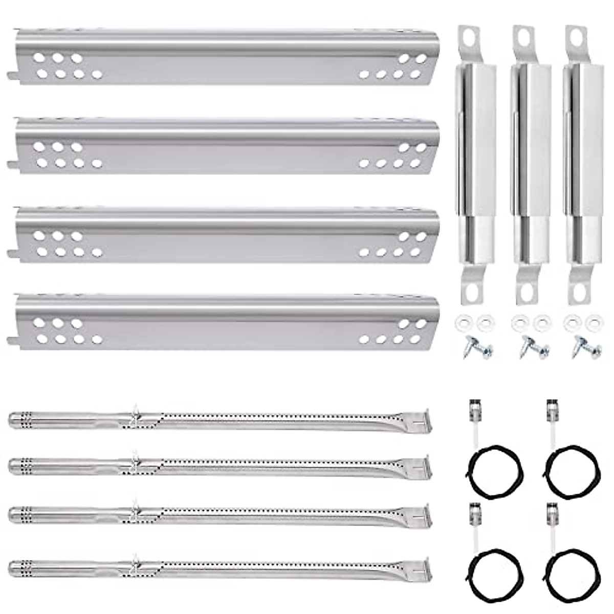 Aibabcue Grill Replacement Parts Kit for Charbroil 4 Burner G470-0004-W1A, G470-5200-W1, 463342119, 463376017, 463335517, 463332718, Stainless Heat Shield Tent, Grill Burner, Carryover Tube, Igniter