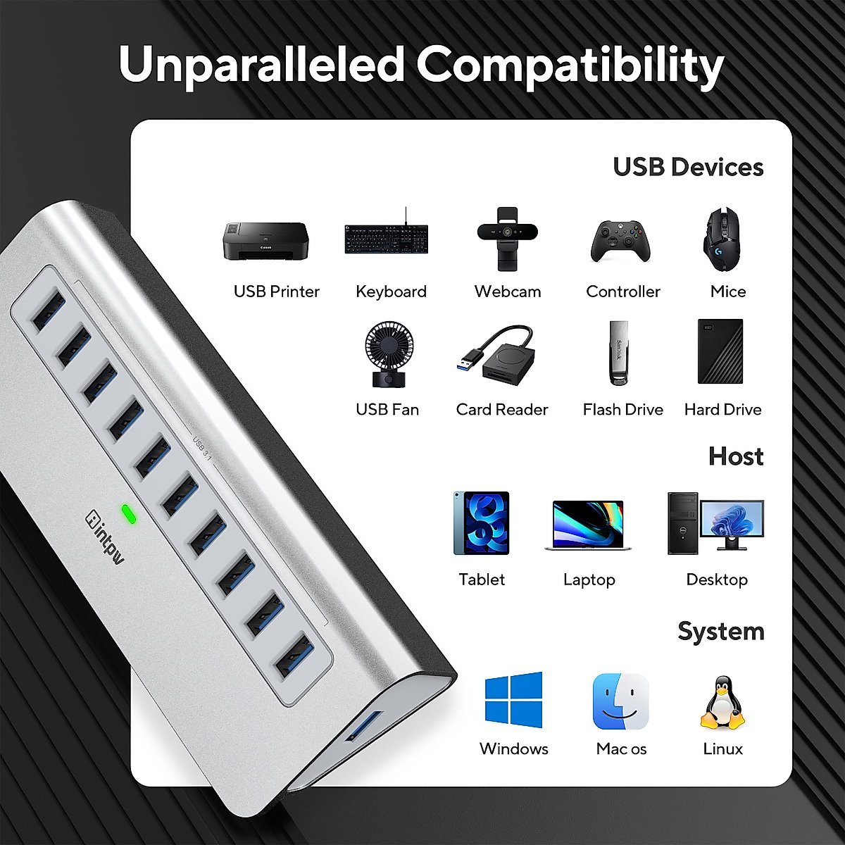 Powered USB Hub, intpw 10 Port USB 3.1 Hub with 10Gbps Data Transfer, 30W(12V/2.5A) Power Adapter, USB Type A and Type C Cable, Aluminum USB Power Hub for Laptop, MacBook and Desktop Computer