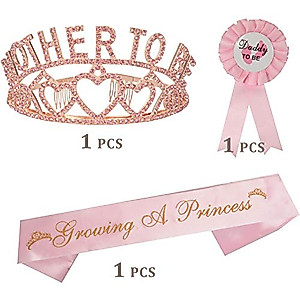 MEANT2TOBE Baby Shower Decoration for Mom to Be and Dad to Be, Premium Metal Pink Tiara + Pink & Gold Sash + Premium Metal Daddy to be Pink & White pin, Maternity for Her and Him