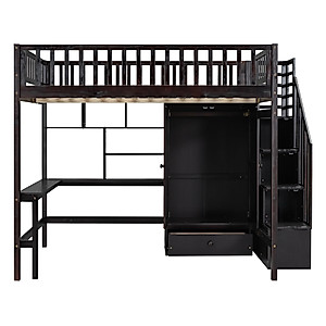 Full Size Loft Bed with Desk, Wardrobe, High Loft Bed Frame with Storage Staircases, Drawer Solid Wood Loft Beds for Kids, Boys and Girls,Teens, No Box Spring Needed (Espresso)