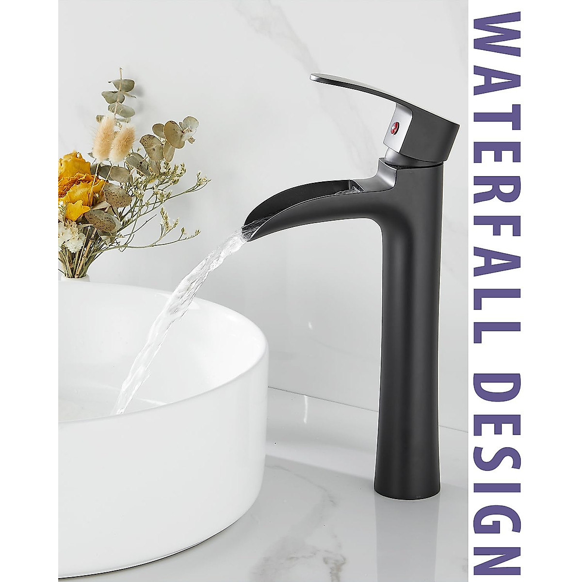 Arkosdex Modern Bathroom Vessel Sink Faucet, Tall Waterfall Bathroom Faucets, Single Handle Lavatory Vanity Faucet for Bowl Sink, 1 Hole Bath Tap with Pop Up Drain & Water Lines, Brass, Matte Black