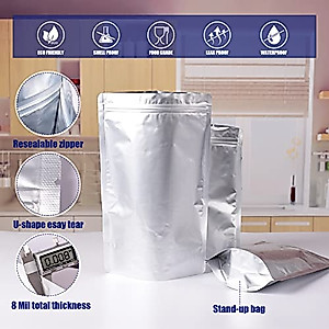 120 Mylar Bags for Food Storage with Oxygen Absorbers 300cc, 8 Mil 1Gallon 10"x14", 7.5"x11.5", 6"x9", 4.3"x6.3" Stand-Up Zipper Resealable Bags & Heat Sealable Food Storage Bags + Labels