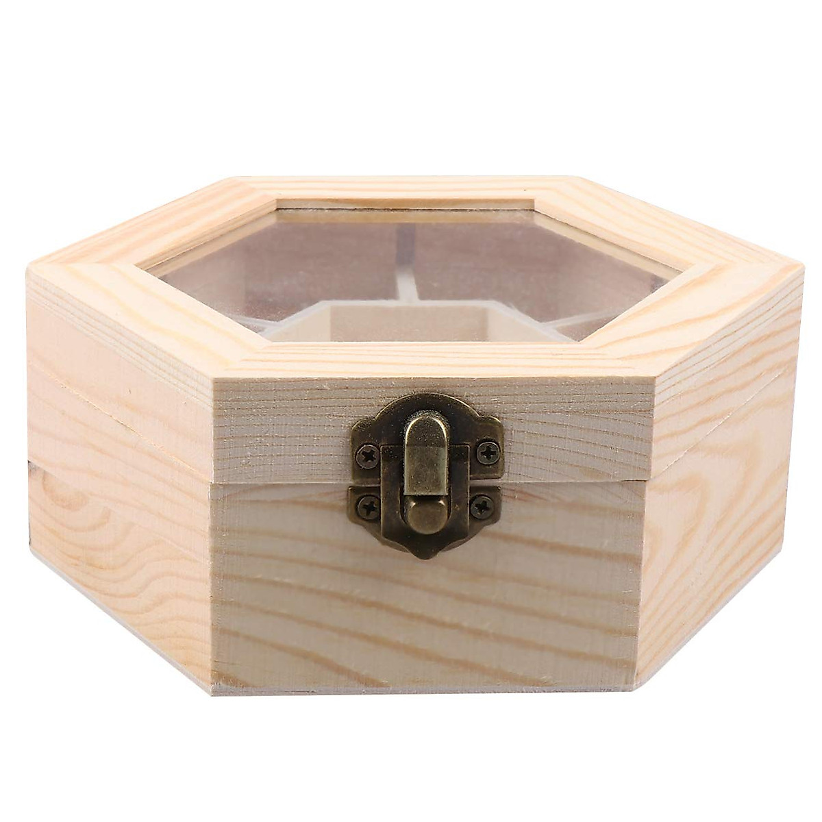 Wood Jewelry Storage Box with Hinged Lid Window DIY Hexagon Jewelry Display Case Desktop Compartment Sundries Organizer Unfinished Holder Box Table Organizer