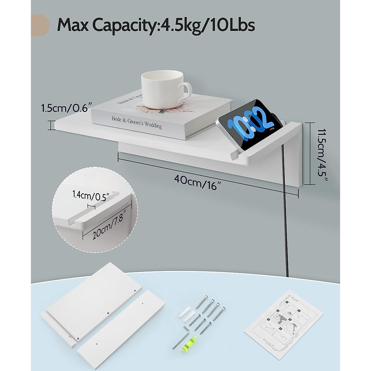Mazjoaru White Floating Nightstand 16inch, Modern Natural Pine Wood Night Stand Floating Wall Shelves with Phone Slot, Cord Holes, Small Narrow Nightstands Bedside Tables for Bedroom Dorm Bedside
