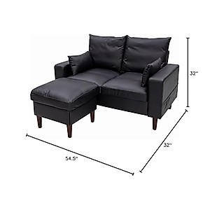 Panana 54.5" Small Loveseat Couch Sofa, Fabric Upholstered 2-Seat Sofa, Love Seat Furniture with Wood Leg for Small Space, Living Room, Apartment (Black Faux Leather, Track Arm-2 Seater with Ottoman)