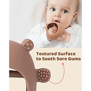 3 Packs Baby Teething Toy Silicone Bear Teething Mitten for Babies Over 3 Months Anti Dropping Wrist Hand Teethers Baby Chew Toys for Sucking Needs, BPA Free (Pink, Brown & Red) (Pink, Coral, Caramel)