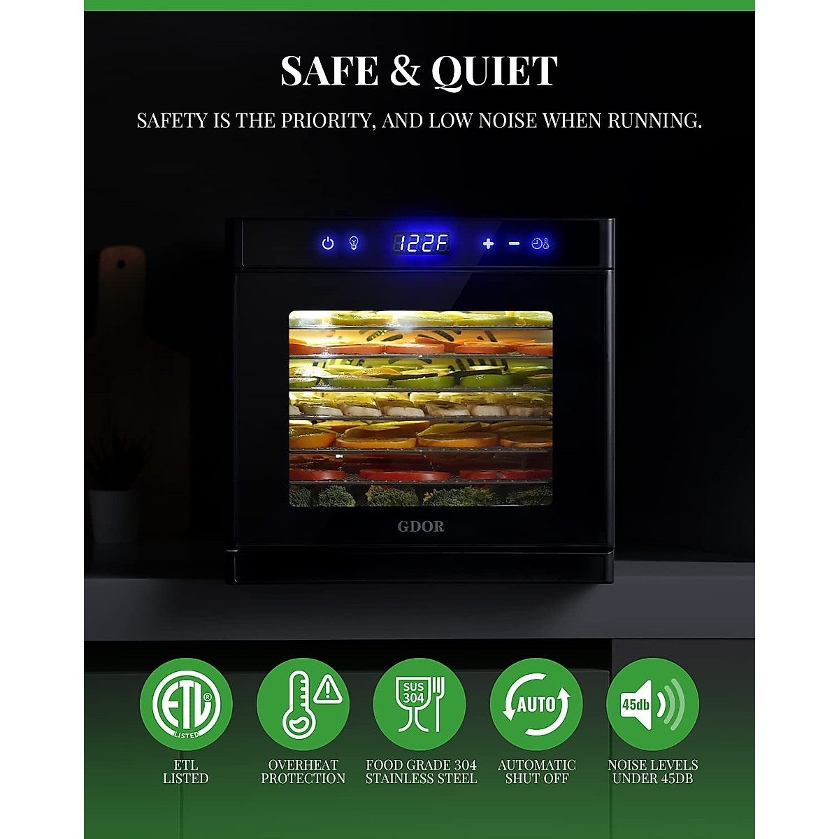 Stainless Steel GDOR Food Dehydrator with 8 Trays, Digital Adjustable Timer & Tempe Control Food Dryer Machine for Jerky, Vegetable, Fruit, Meat, Dog Treat, Herb, and Yogurt, Include More Accessories