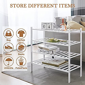 quiqear Bamboo Shoe Rack, 4 Tier Shoe Rack Organizer, Stackable & Durable Shoe Shelf Holder, Free Standing Shoe Racks, Shoe Storage Organizer for Entryway, Closet, Hallway (White)