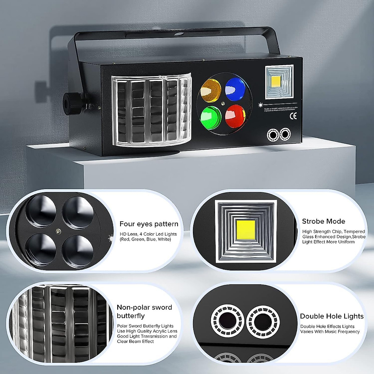 Dj Disco Party Lights Ball Stage Lights 4 in 1 RGBW Lighting Parties Indoor Mixed Lighting Effects Pattern Strobe Light Sound Activated Remote DMX Control for KTV Club Disco Party Wedding