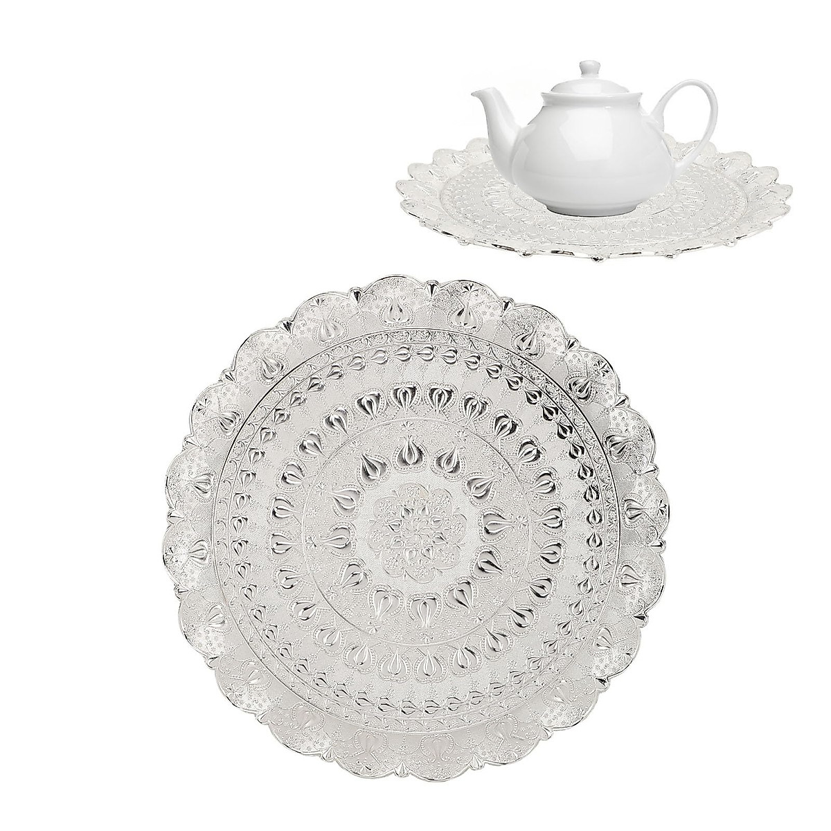 Turkish Tea Coffee Serving Tray Food Trays Vintage Style Embossed Pattern Round Coffee Plate for Bar Outdoor Dessert (Silver)