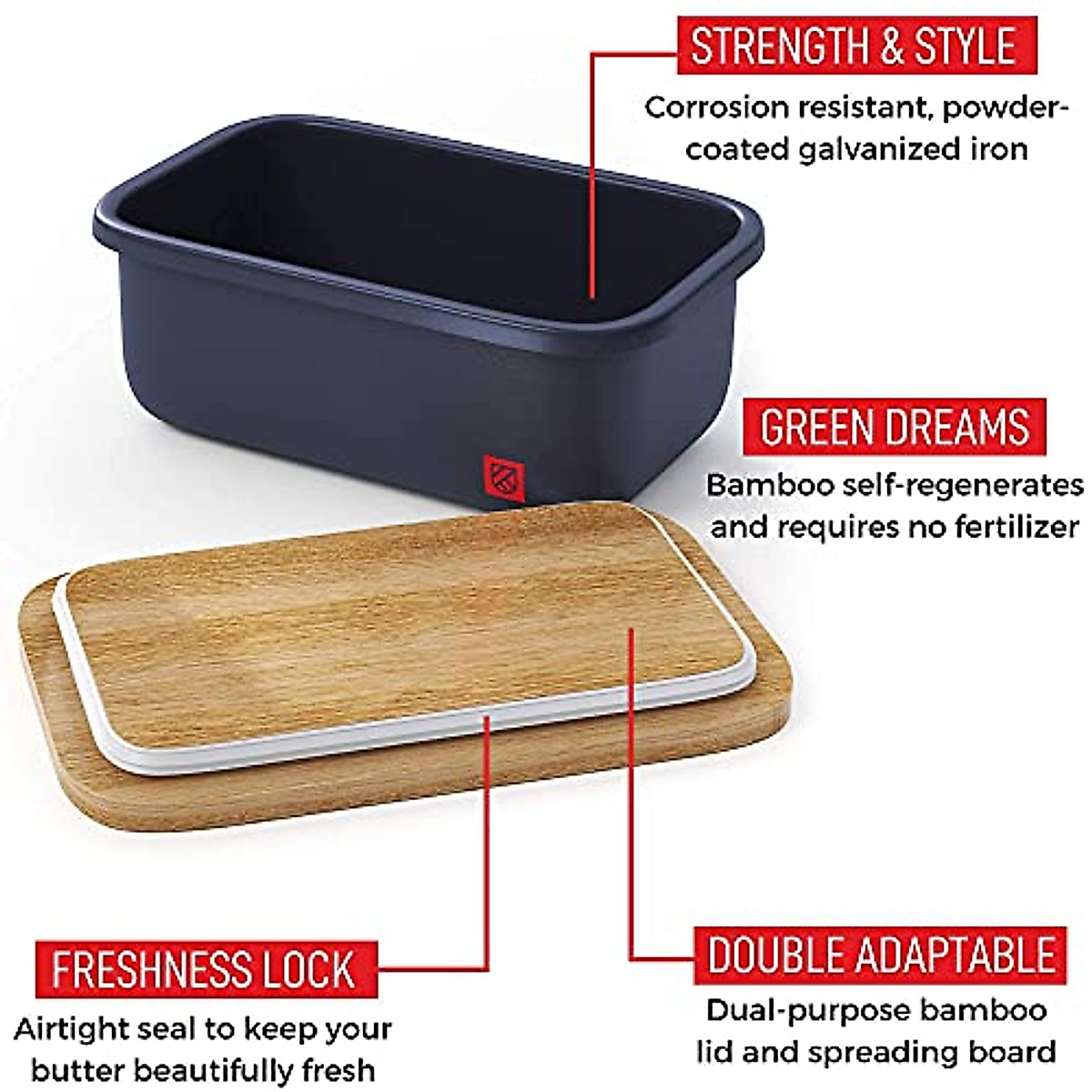 Farmhouse Butter Dish with Lid for Countertop - Butter Stick Holder Container with Freshness Seal - Bamboo Lid Cutting Board Butter Keeper - Butter Crock for Counter - Covered Butter Dish - Gray -23oz
