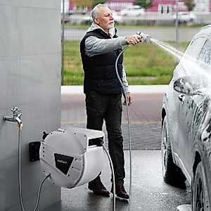 Retractable Garden Hose Reel Wall Mounted, 1/2 Inch x 100 ft + 6.6 ft Semi-Automatic Hose Reel with Brass Connector, 9 Pattern Hose Nozzle, Auto Rewind, Any Length Lock and 180° Swivel Bracket