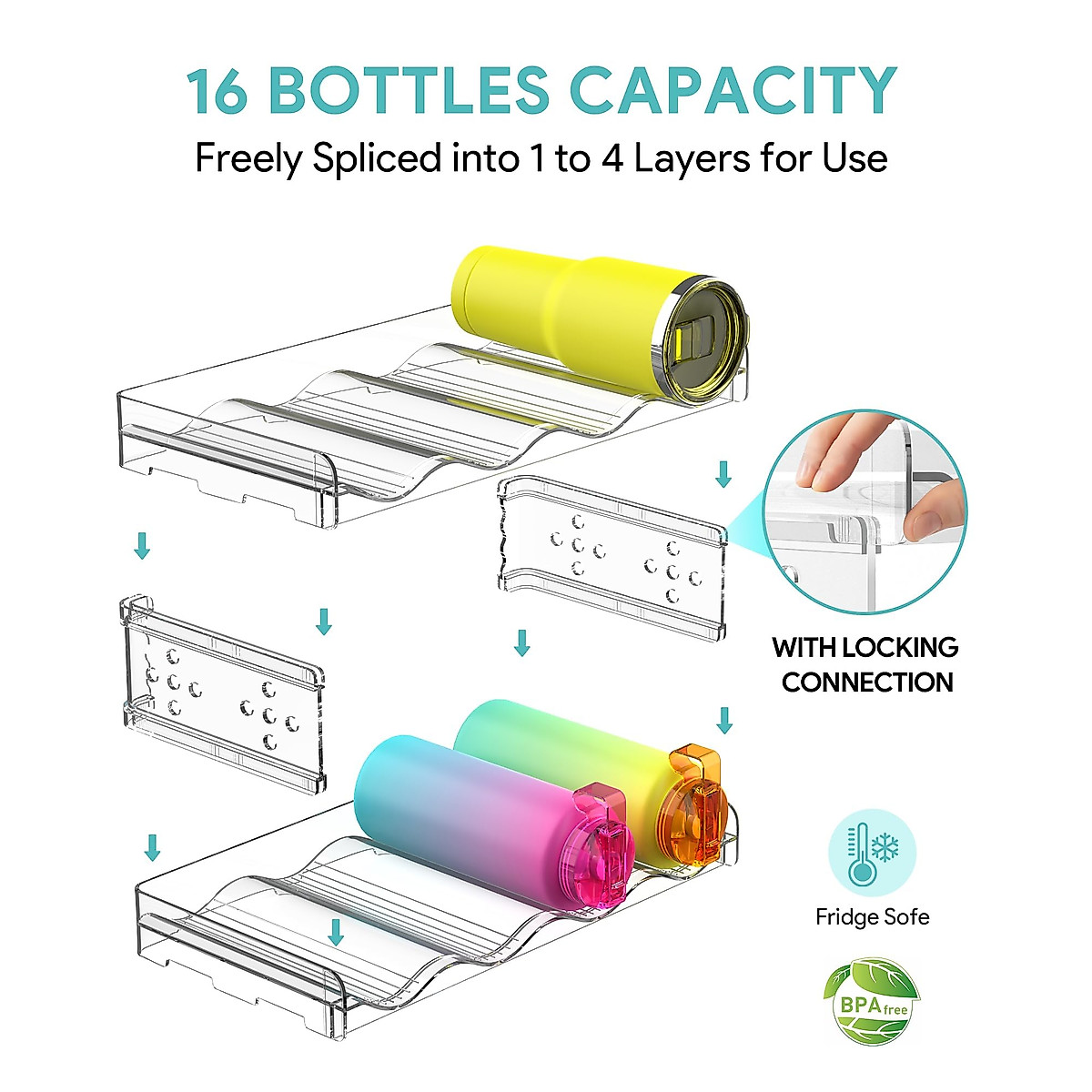 4 Tier Water Bottle Organizer - 16 Bottles, Stackable Cup Organizer for Cabinet, Countertop, Pantry & Fridge, Free-Standing Kitchen Tumbler Storage Holder for Wine and Drink Bottles, Clear Plastic