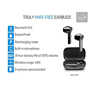 iLive IAEBT449B Truly Wireless Bluetooth Earbuds, Charging Case, Sweatproof, Black