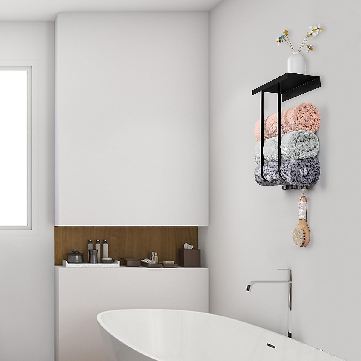 Towel Racks for Bathroom Wall Mounted, MOOACE 2 Bar Adhesive Rolled Towel Storage Holders with Metal Shelf,Metal Bathroom Organizer for Folded Towel - Black