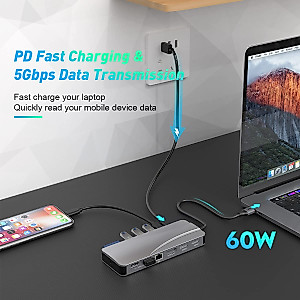 USB C Hub, Rocketek 14-in-1 USB C Docking Station Triple Display with Ethernet 4K USB C to HDMI Adapter DP USB hub adapter SD/TF Card Reader Audio USB-C PD 3.0 Type C Hub for Mac Pro and Type C Laptop