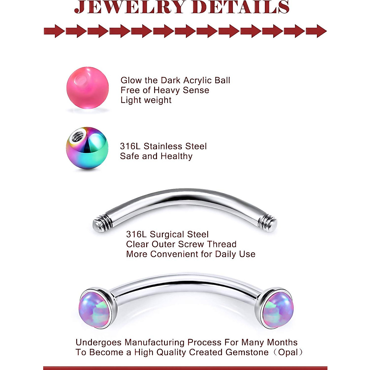 Prjndjw 16G Eyebrow Rings Surgical Steel Eyebrow Piercing Opal Glow in The Dark Cartilage Rook Daith Tragus Earrings Navel Belly Lip Curved Barbell Body Jewelry 5/16in(8mm) 12PCS 3mm