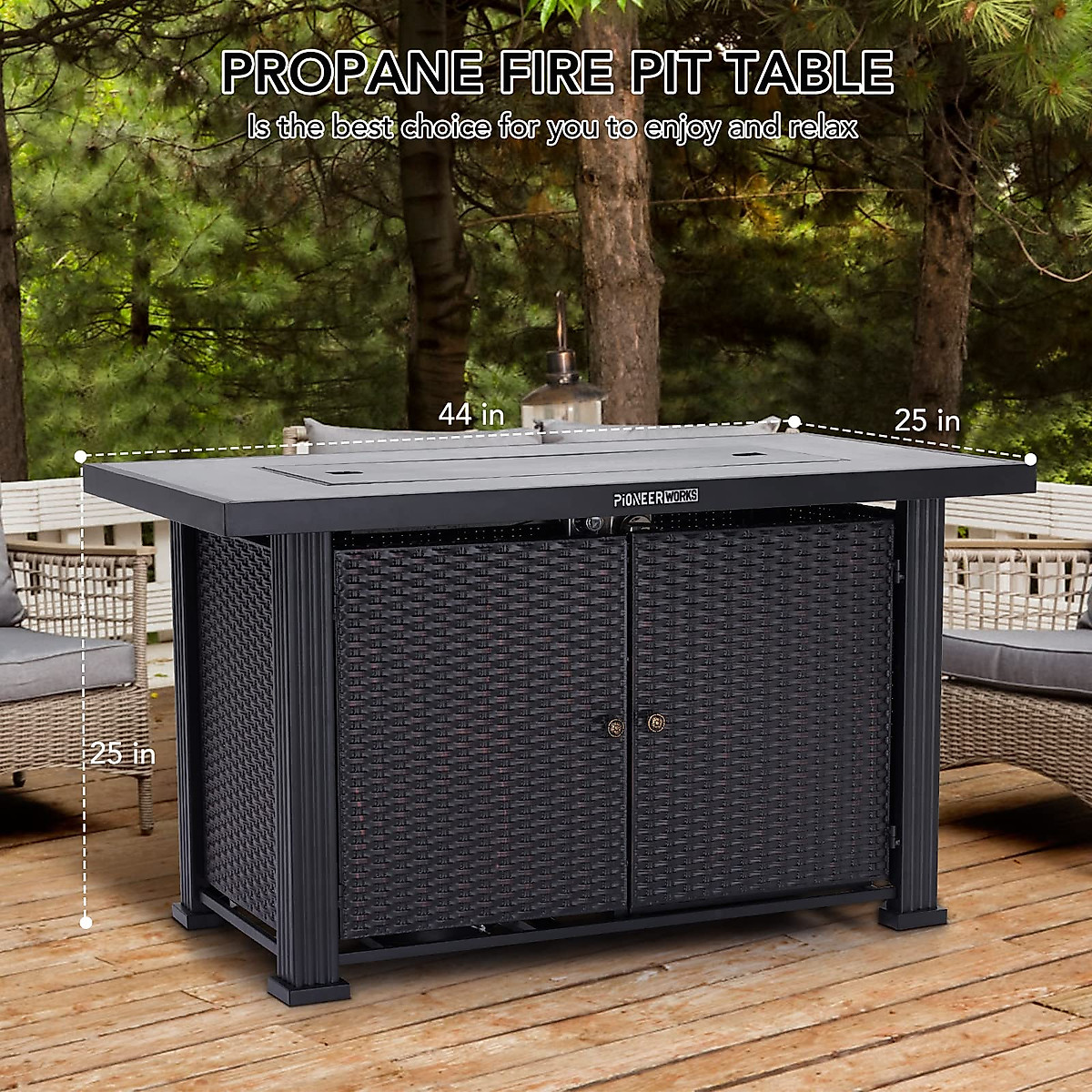 44 Inch Propane Fire Pit Table, PioneerWorks 50000BTU Rectangle Fire Table with Cover & Rain Cover, Sturdy Steel and Iron Fence Surface, CSA Safety Certified, Companion for Your Garden (Double Door)