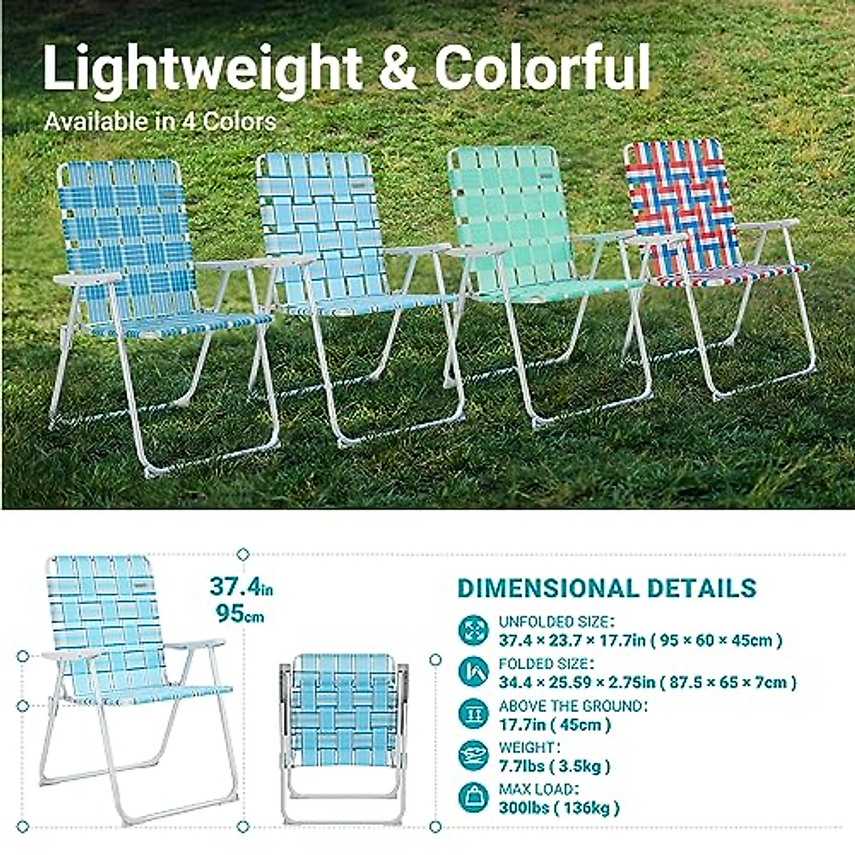 #WEJOY Anti-tip Over Folding Webbed Lawn Chair, Oversized 17-in High Beach Chair for Adults Heavy Duty,Aluminum High Seat Camping Chair for Elder Outdoor Garden Park Backyard(Grey/Blue)