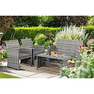 Shintenchi 4-Piece Outdoor Gray Wicker Patio Conversation Furniture Set, Rattan Patio Furniture Set with Weather Resistant Cushions and Tempered Glass Tabletop,Grey